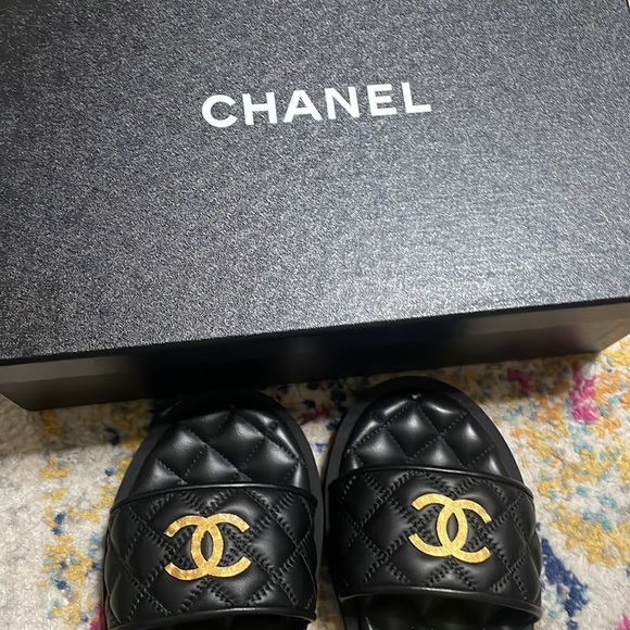 CHANEL | Shoes | Chanel Slides Sandals Black Quilted Leather Mules Gold ...